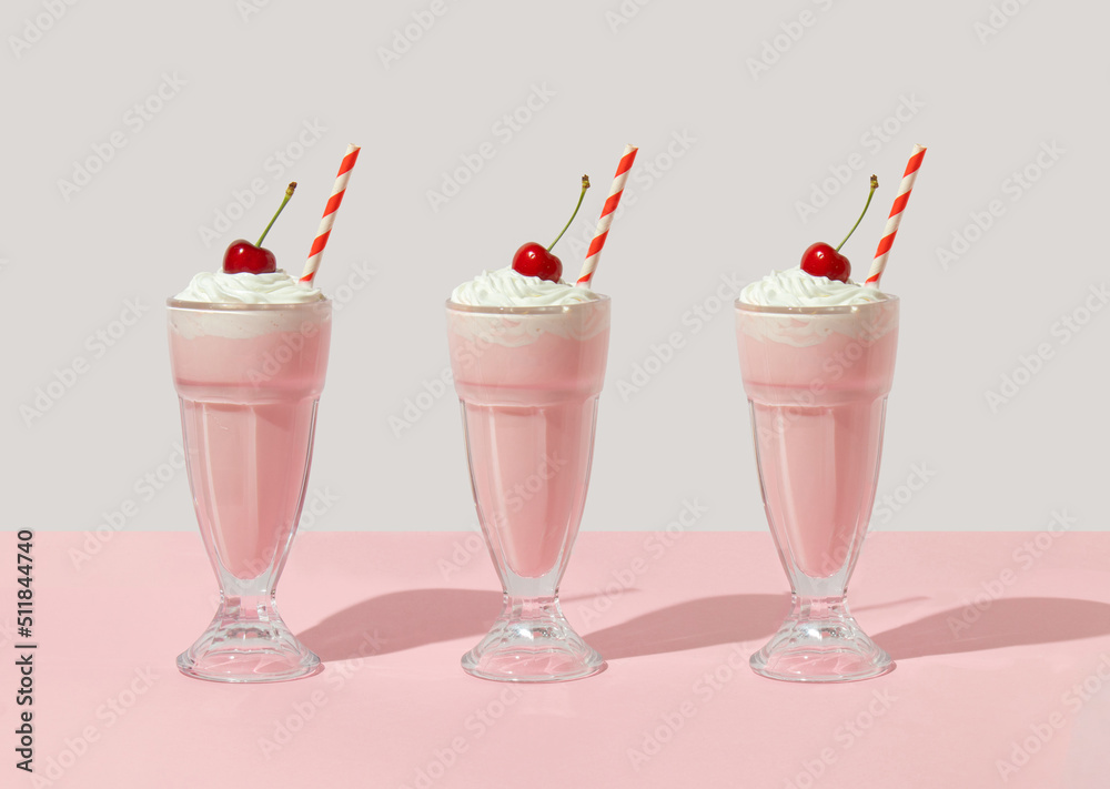 Retro romantic creative pattern with strawberry milkshake with cherry ...