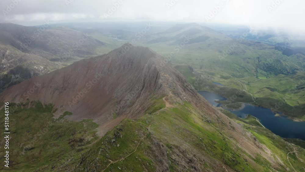 Aerial view of minors track going up to snowdon. view of lake at bottom ...