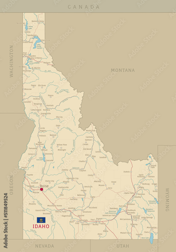 Road map of Idaho, US American federal state. Editable highly detailed ...