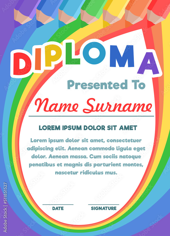 Children's diploma on the background of colored pencils and rainbows ...