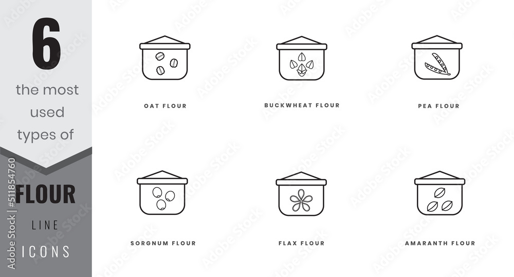 The most used types of flour line icons. Flax, amaranth, oat, buckwheat ...