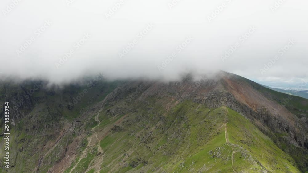 Aerial view of minors track going up to snowdon. view of lake at bottom ...