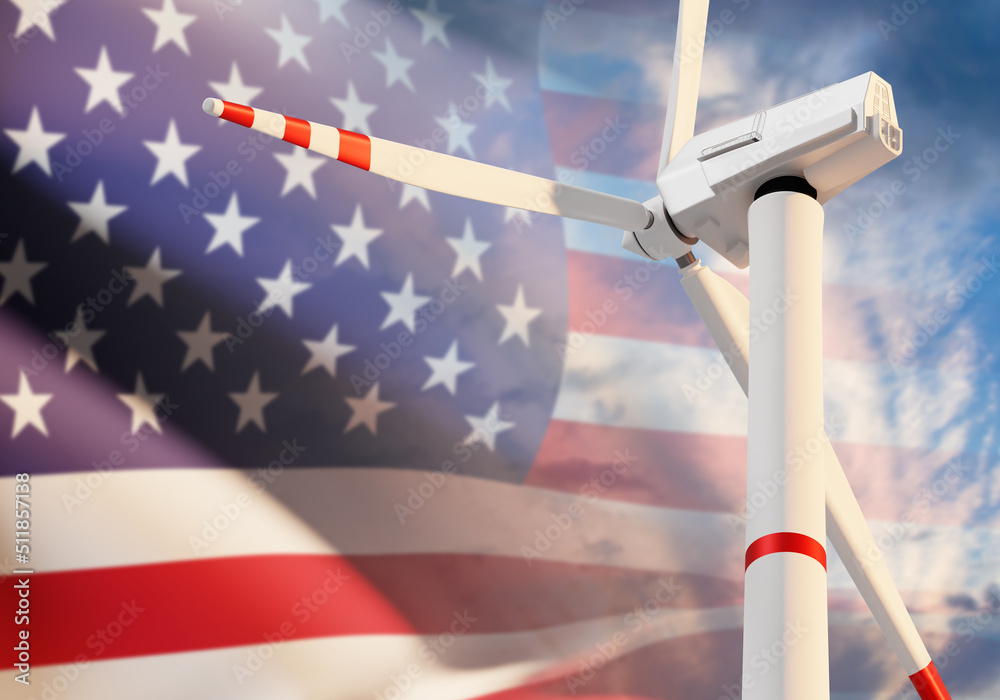 Wind energy. USA flag in front windmill. Extraction electricity from ...