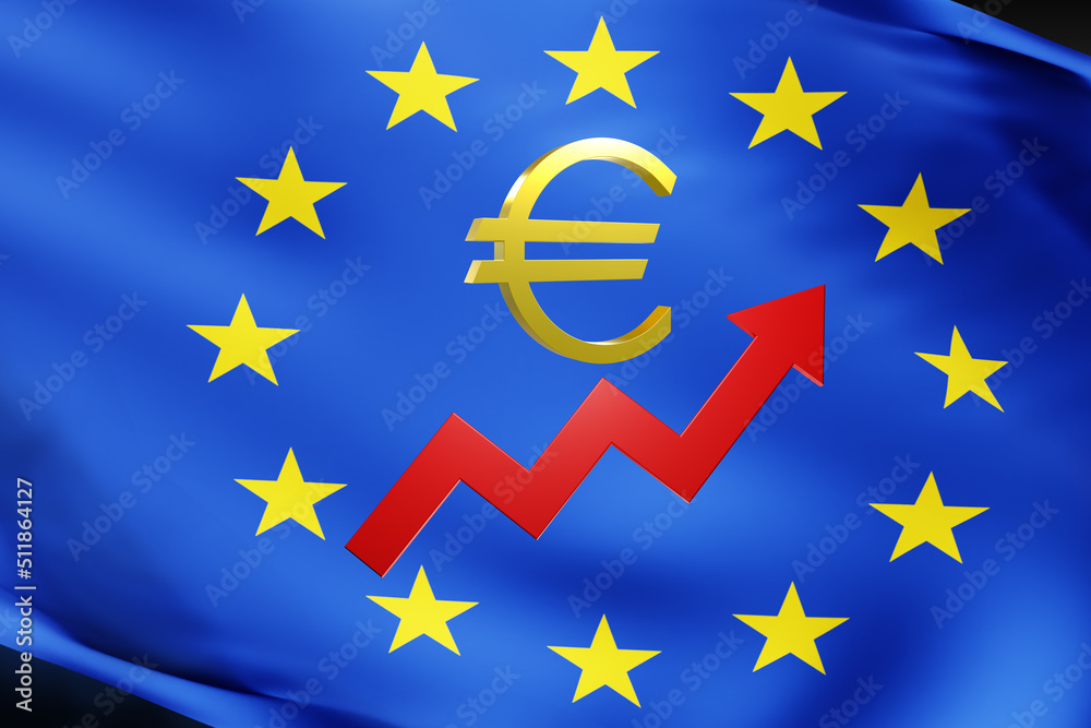 Growing graph in front of EU flag. Arrow symbolizes trends in economy ...