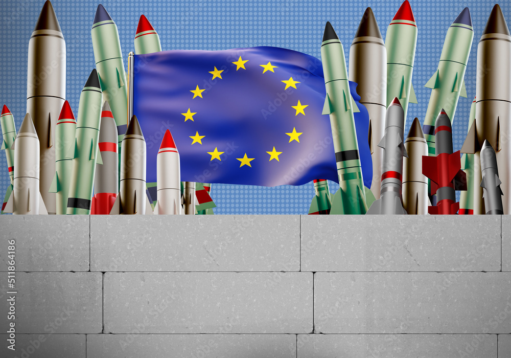 Missiles in front EU flag. Air defense systems European Union. Cruise ...