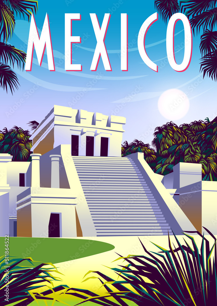 Mayan pyramid ruins with columns and stairs, palm trees and forest in ...