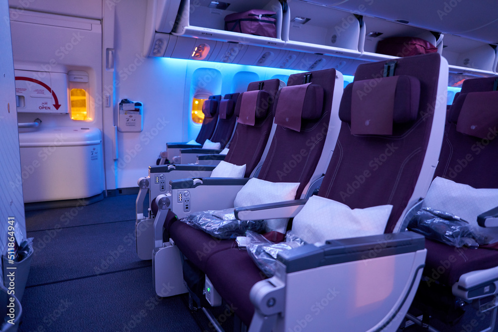 DOHA, QATAR - CIRCA MAY, 2017: inside Qatar Airways Boeing 777. Qatar ...