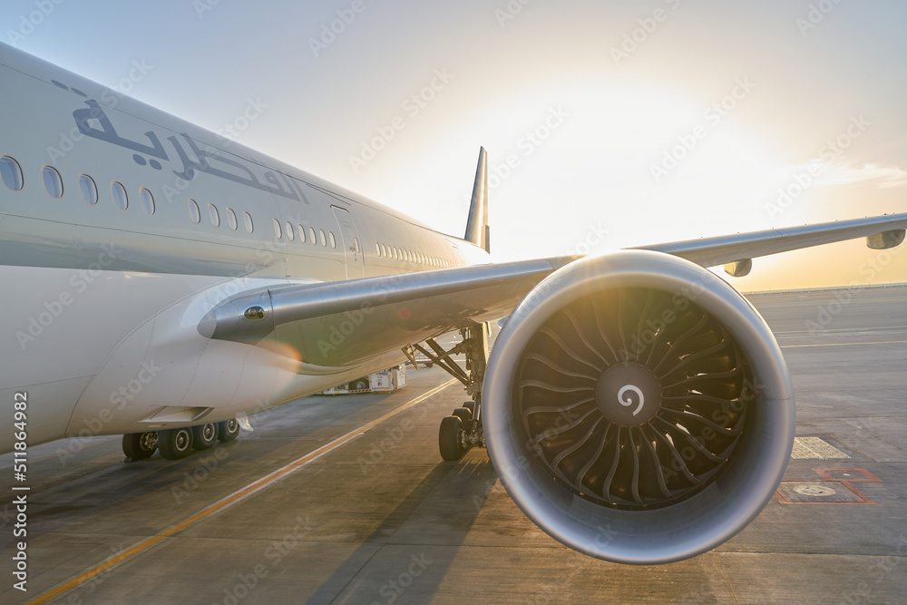 DOHA, QATAR - CIRCA JUNE, 2017: Qatar Airways Boeing 777 at Hamad ...