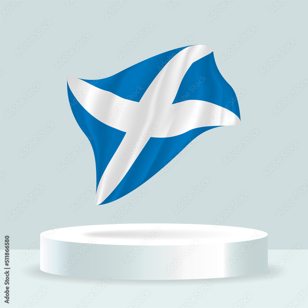 Scotland flag. 3d rendering of the flag displayed on the stand. Waving ...