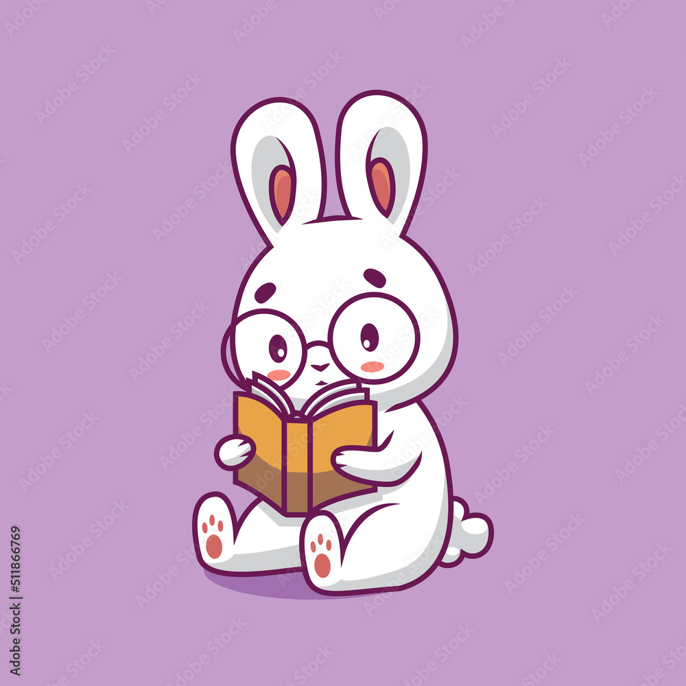 Cute rabbit reading book cartoon illustration Stock Vector | Adobe Stock