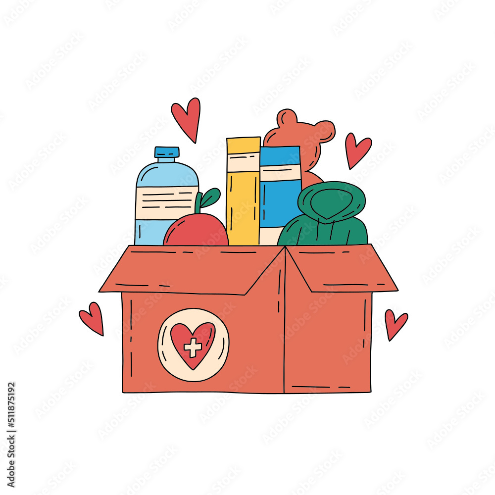 People characters donating for charity. Food and clothes in donation ...