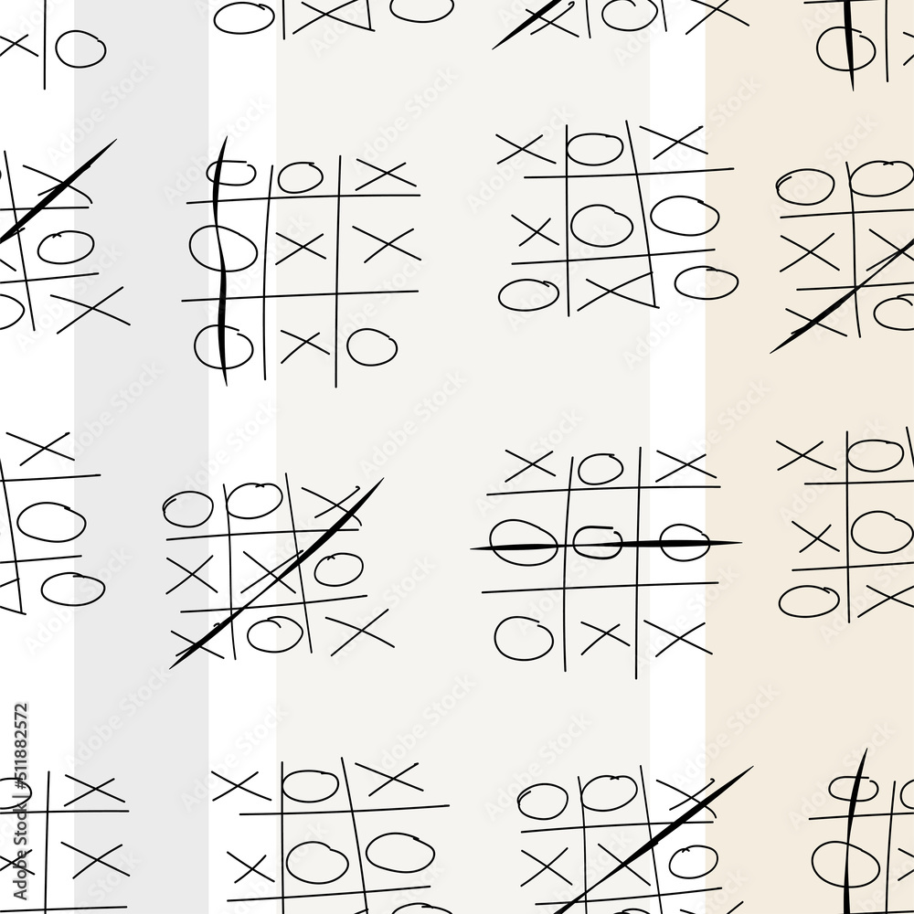 Hand drawn tic tac toe game seamless patterns on white with pastel ...