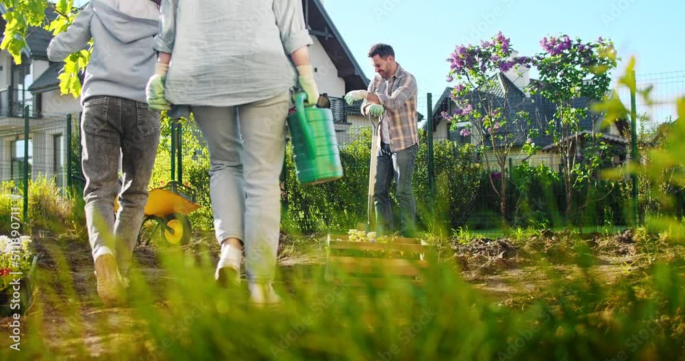 Vídeo do Stock: Mom and teen beautiful daughter bringing tree in garden ...