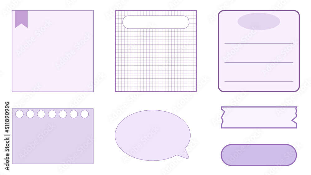 set of the cute purple planner template notepad, memo, grid paper ...