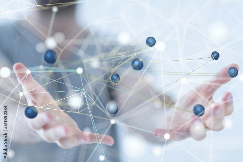 Global network. Blockchain. 3D illustration. Neural networks and ...