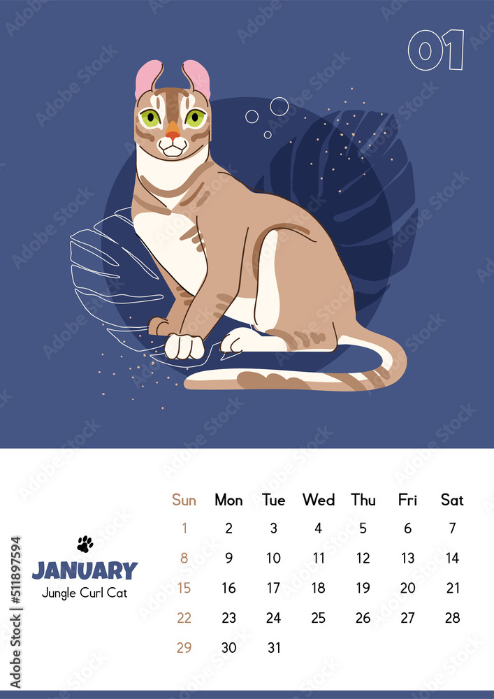 Vertical calendar for january 2023 with jungle curl cat. Isolated on ...