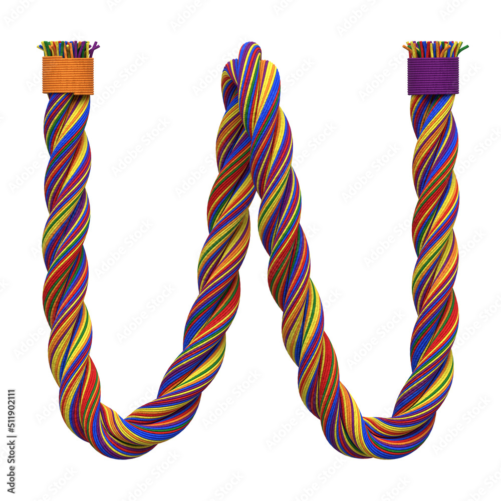 Letter W made of thick rope from strands of rainbow colors, colors of ...