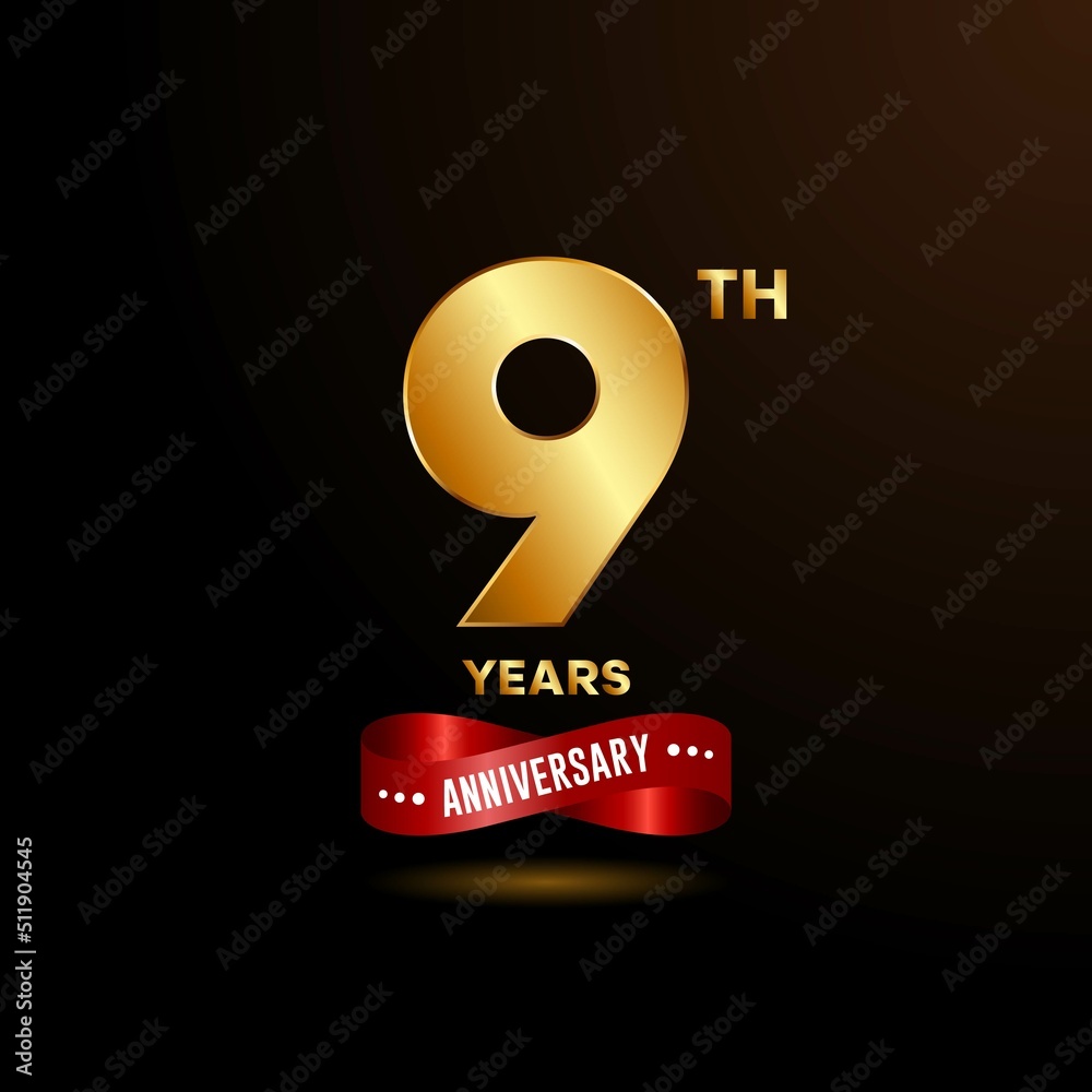 9 years anniversary logo with red ribbon for booklet, leaflet, magazine ...