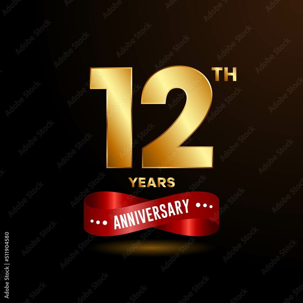 12 years anniversary logo with red ribbon for booklet, leaflet ...