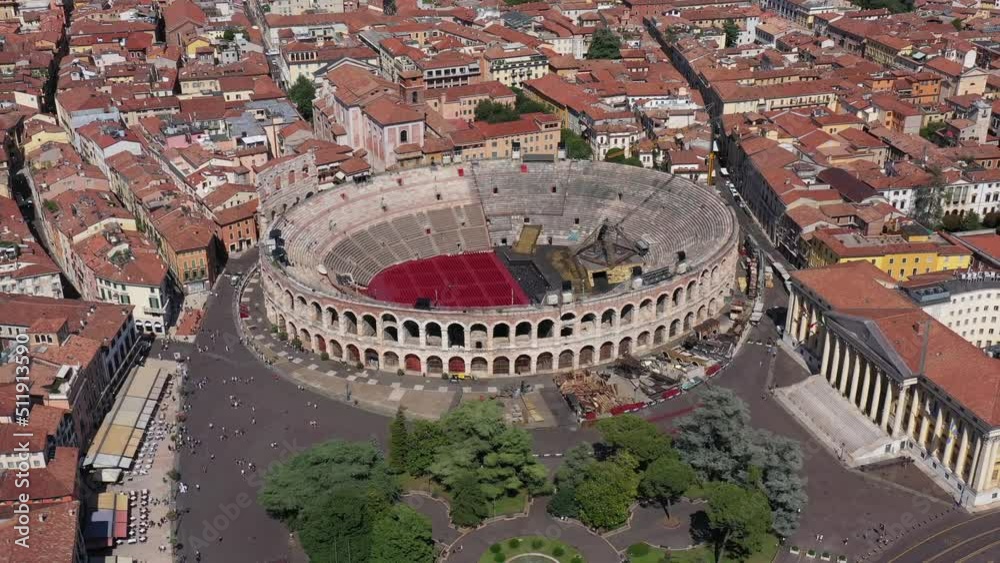 Slow fly over Piazza Brà In the city of Verona. Top view of the central ...