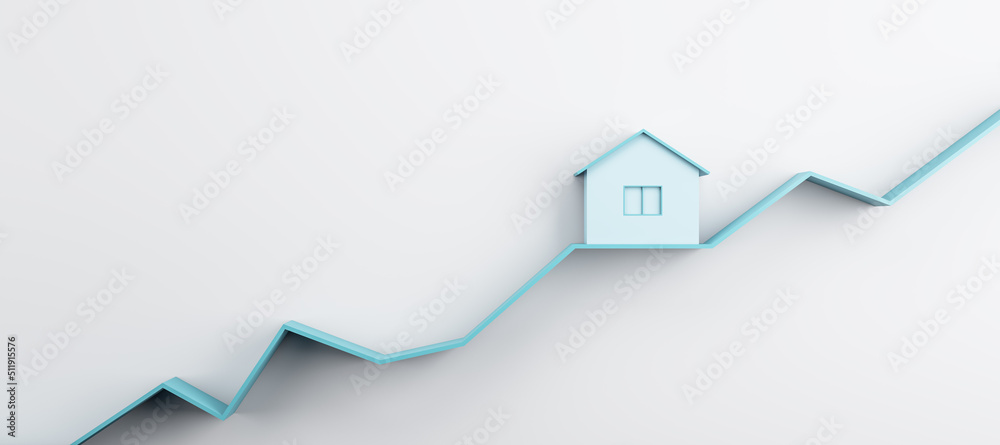 Abstract house on blue chart line and wide white wall background with ...