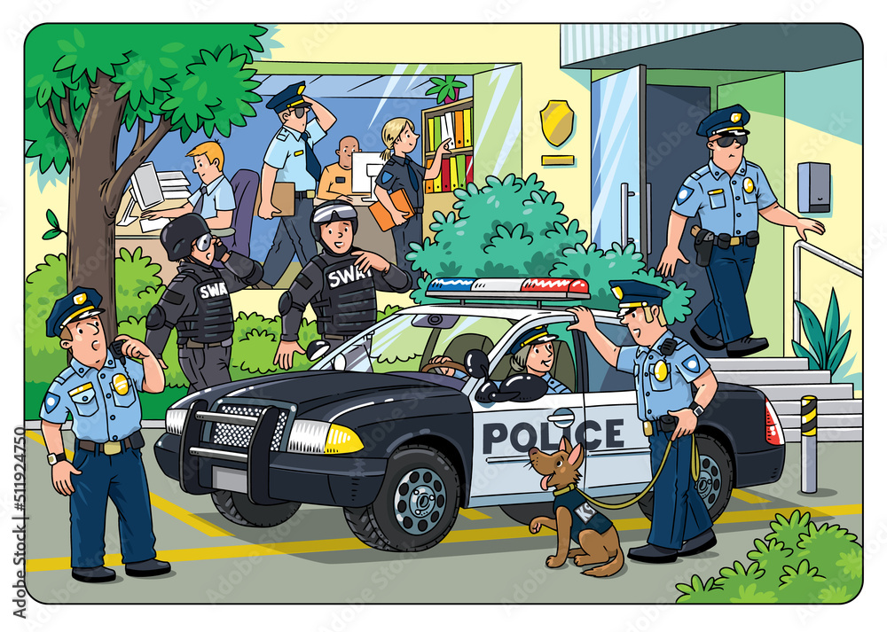 Police station, car and officers. Vector cartoon Stock Vector | Adobe Stock
