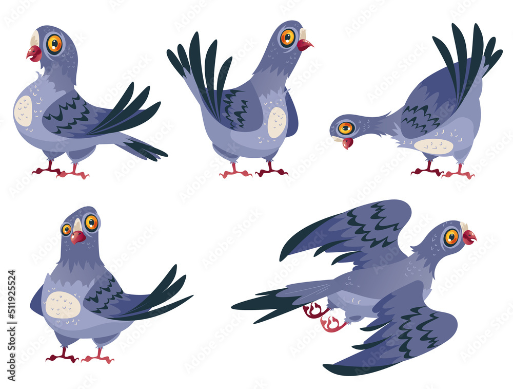 Cartoon cute pigeon character in different pose and emotions isolated ...
