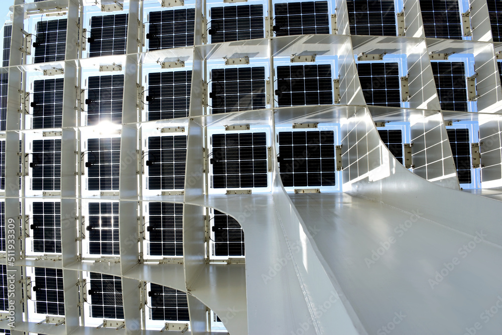 solar panels. PV or photovoltaic cells on top of white steel structure ...