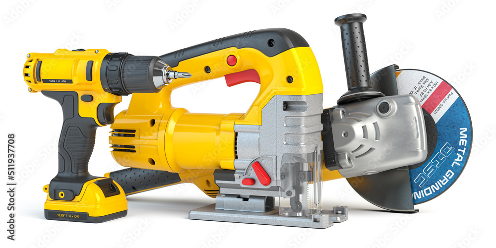 Electric hand construction tools isolated on white. Drill, jigsaw and ...