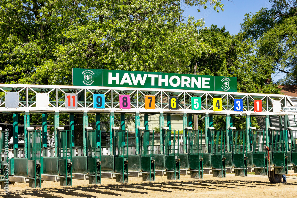 A picture of the Hawthorne Racecourse starting gate in the summer ...