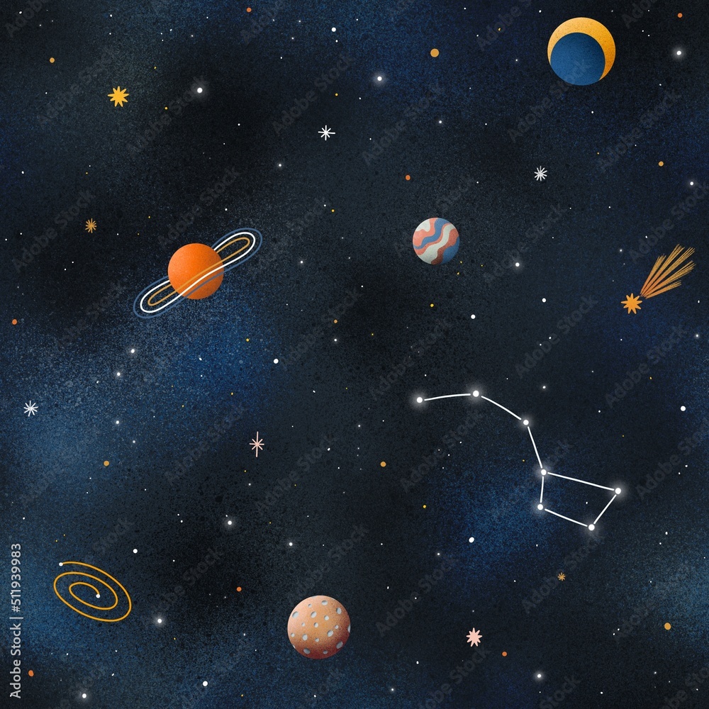 Seamless space pattern with constellations, stars, planets and Moon ...