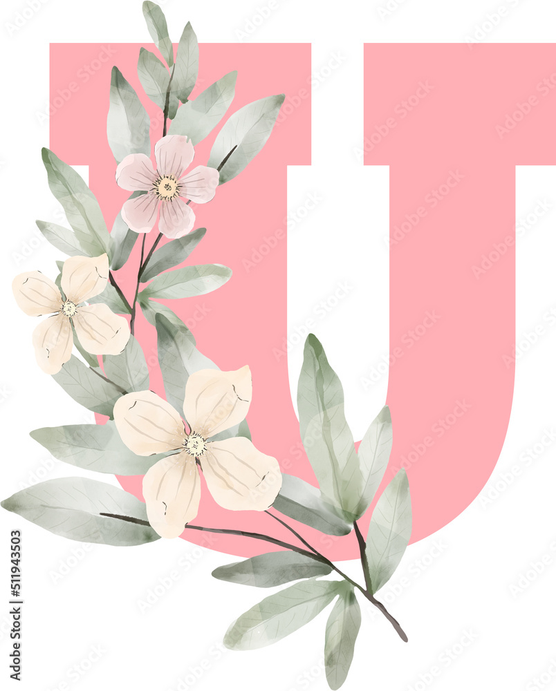 Pink Letter with watercolor roses and leaves. Pastel floral alphabet ...
