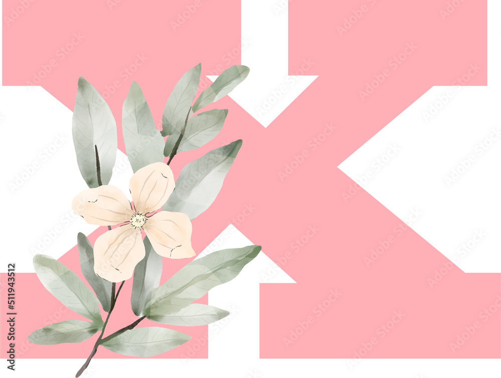 Pink Letter with watercolor roses and leaves. Pastel floral alphabet ...