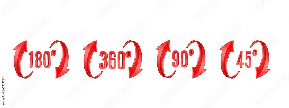 Red glossy 3D curve arrows and rotation angle degrees sing. Arrow ...