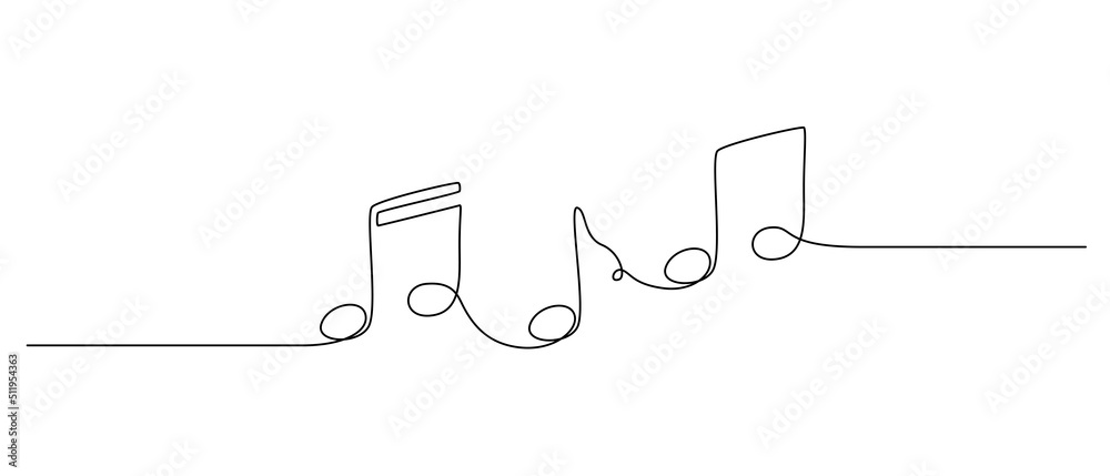 One continuous line drawing of musical notes. Minimalist logo and ...