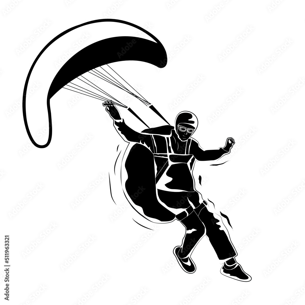 A paraglider in black and white colors with a paraglider is landing ...