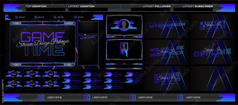 twitch Stream Facecam OBS Template Blue Game overlay design Pack ...
