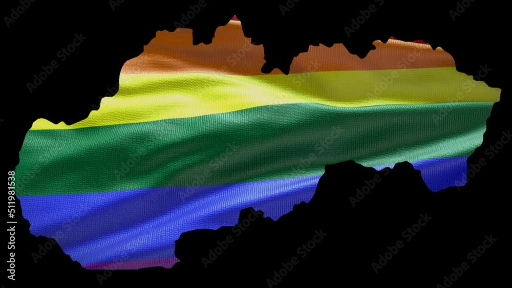 Slovakia country shape territory outline with LGBT rainbow flag background waving animation ...