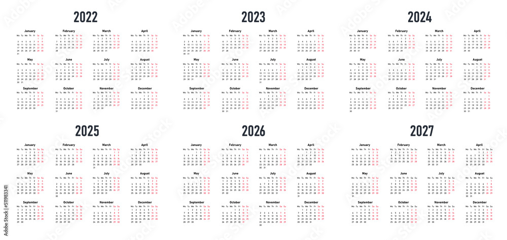 Calendars 2022 2027 years. Graphic elements for printing on cardboard ...