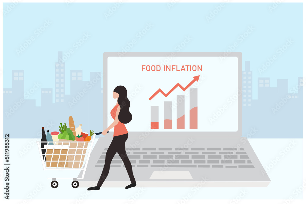 Poster Food inflation and crisis, woman with grocery shopping cart and ...