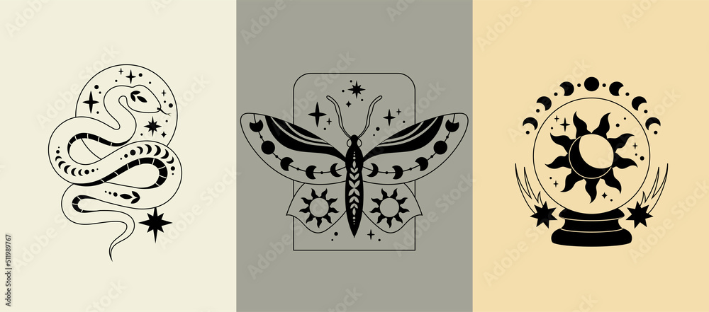 Set of alchemy esoteric. Collection of minimalistic posters or banners ...