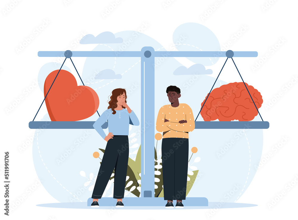 Feelings or mind. Young man and girl standing next to scales, on which ...