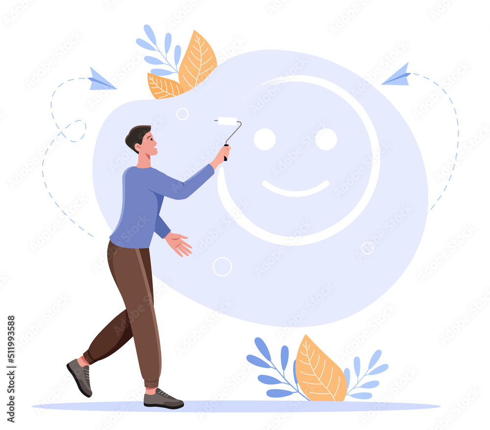 Concept of optimism. Guy draws smiley face with roller and white paint ...