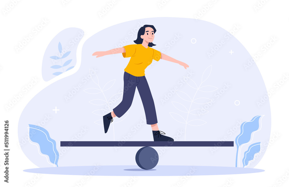 Stability in life concept. Girl walks along thin stick standing on ...