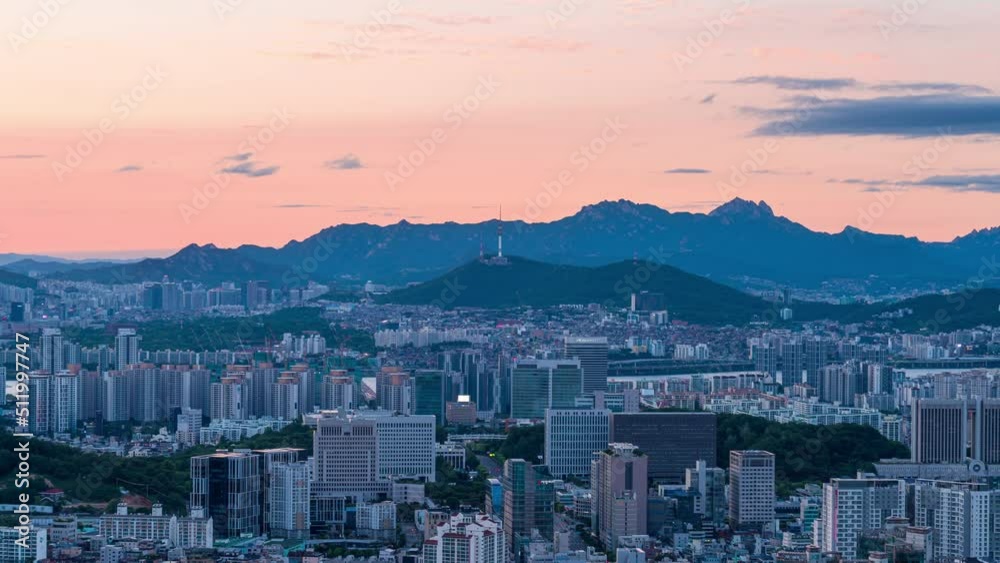 Zoom in Timelapse 4k Day to night cityscape and Capital of South Korea ...