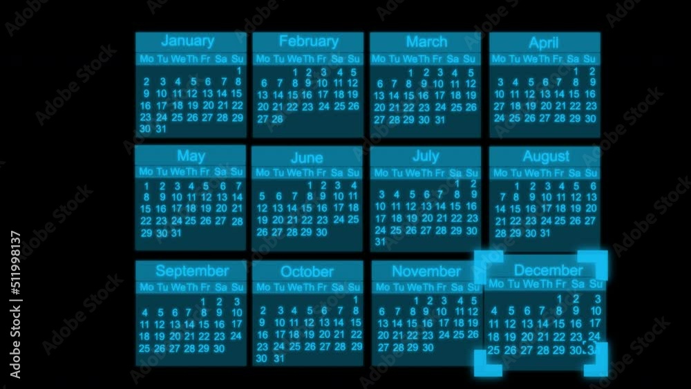 Calendar of 2023. Calendar animation with months and dates, alpha ...