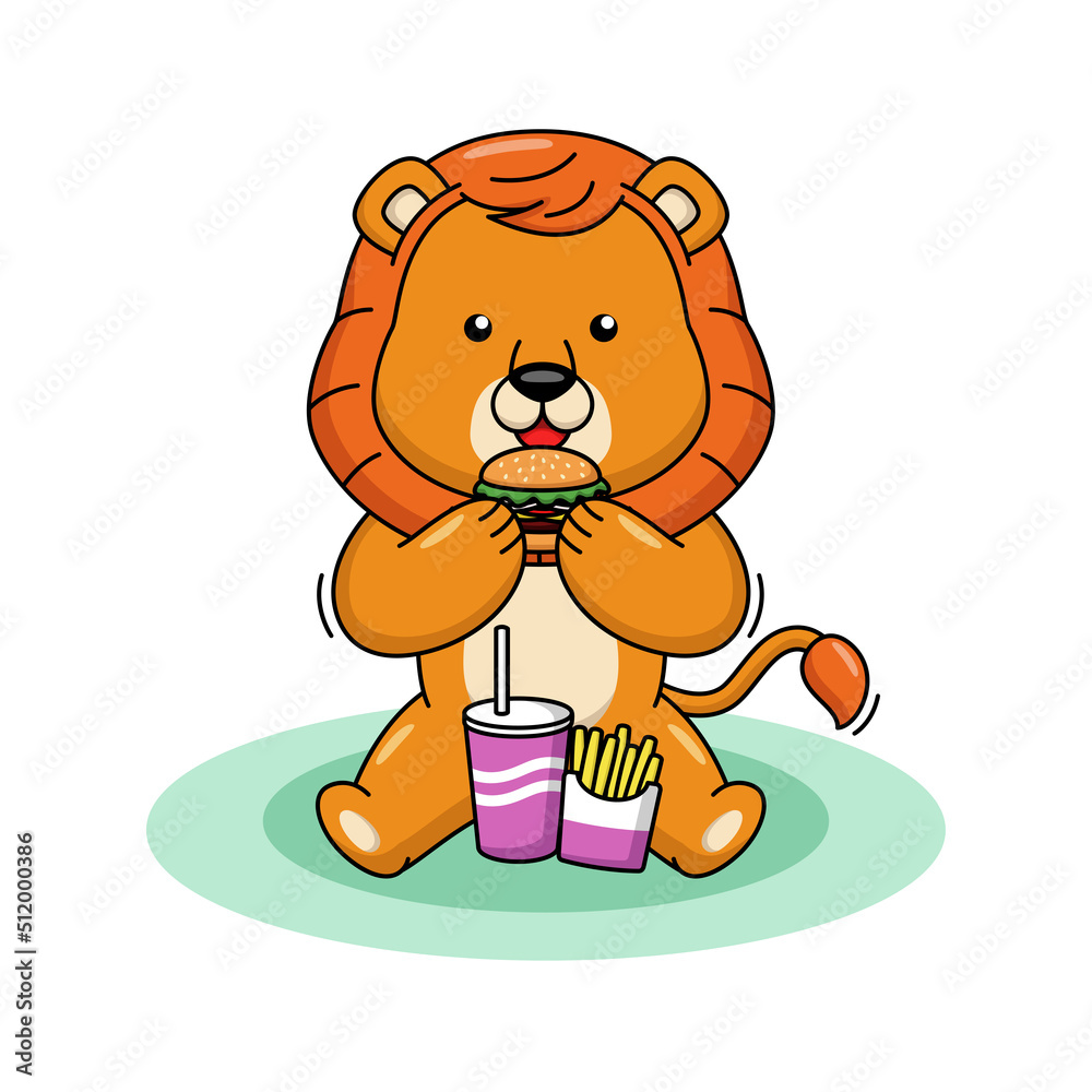 Cartoon illustration of a cute lion eating hamburger Stock-Vektorgrafik ...