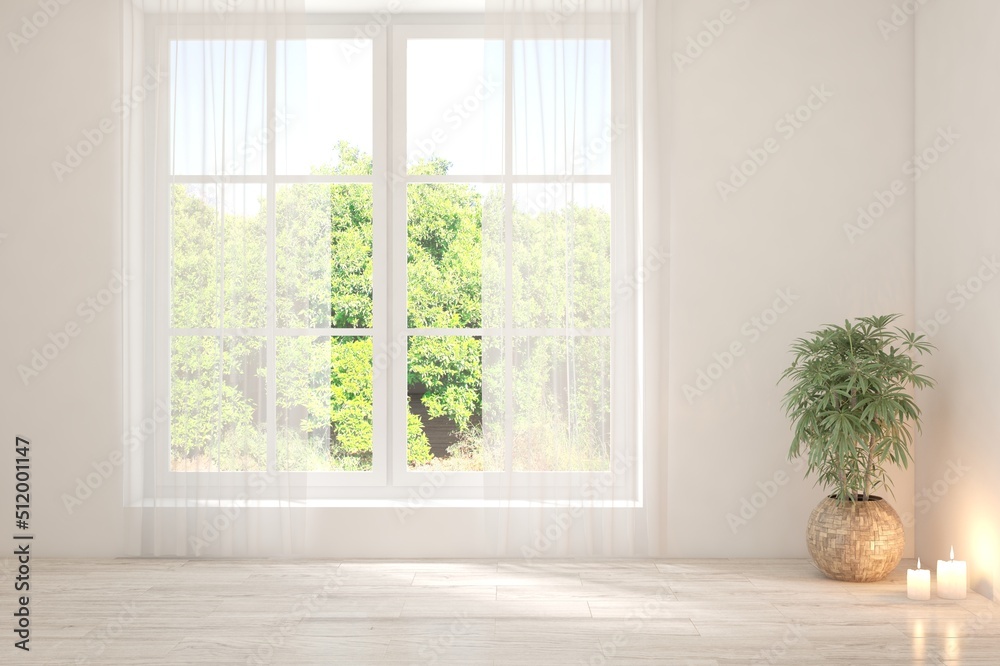 White empty room with summer landscape in window. Scandinavian interior ...