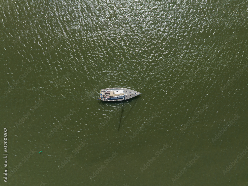 Sail yacht recreation ship vessel overhead top down aerial drone view ...