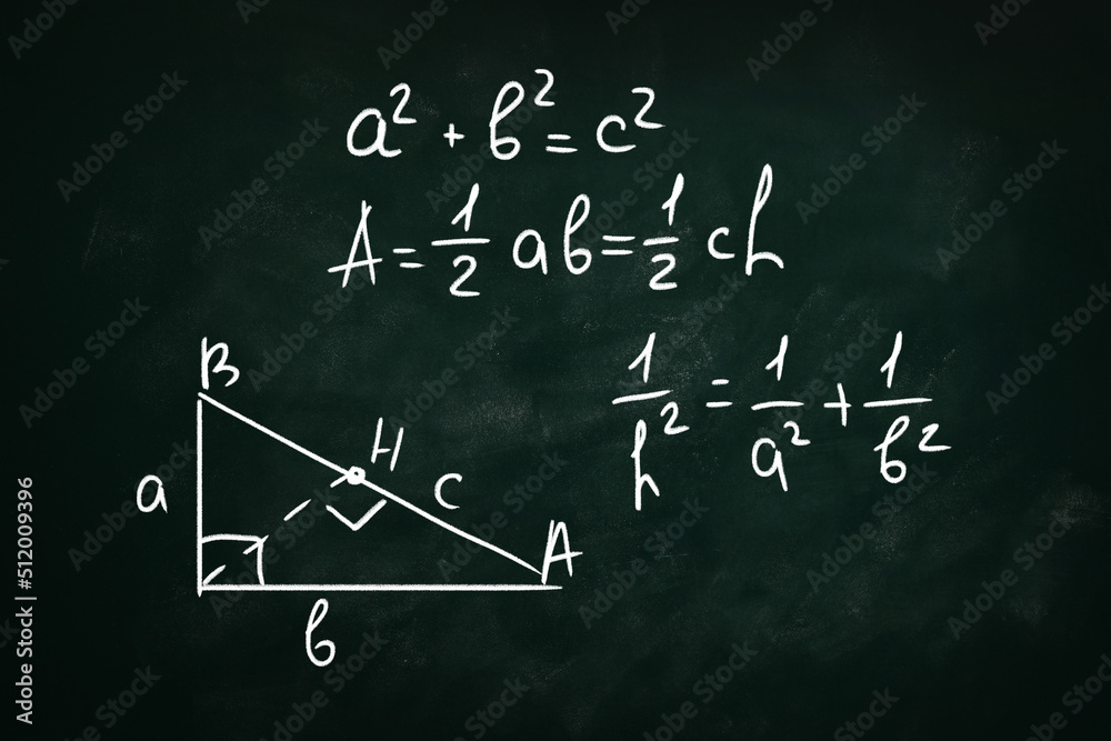 Basic triangle area formulas and Pythagorean theorem written on ...